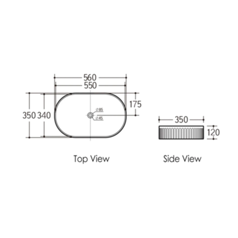Otti Kensington Above Counter Basin Oval Fluted White 560X350X120 (Glo
